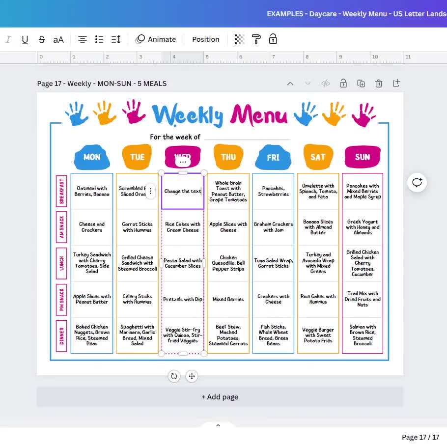 Blank Day Care Menus