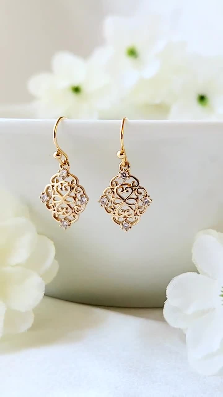 Gold filigree dangle earrings Dainty elegant earrings Clear zircon gemstone Small gold minimalist earrings Handmade jewelry gift for her