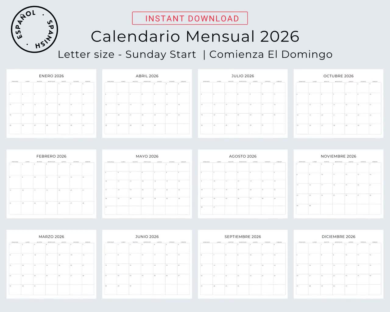 2026 Calendario En Español 2026 Spanish Calendar Calendario Mensual ...