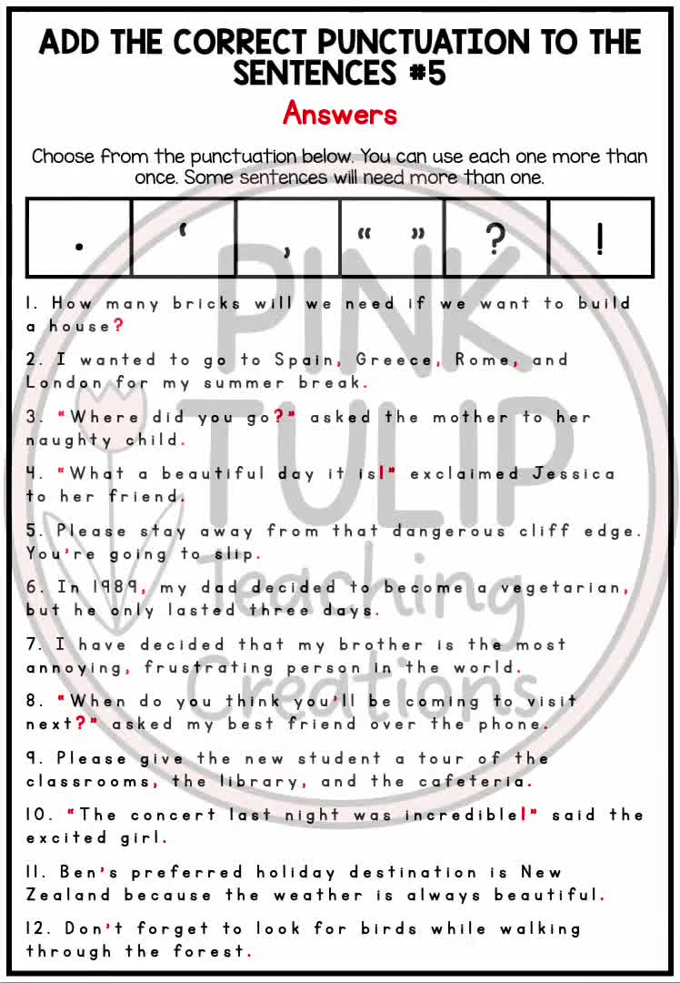 Punctuation Sentences Worksheets