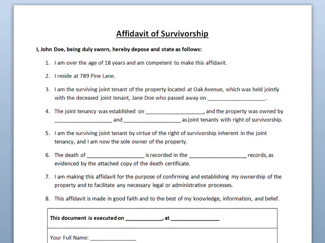 Survivorship Affidavit Affidavit Of Pendency/Non Pendency Of