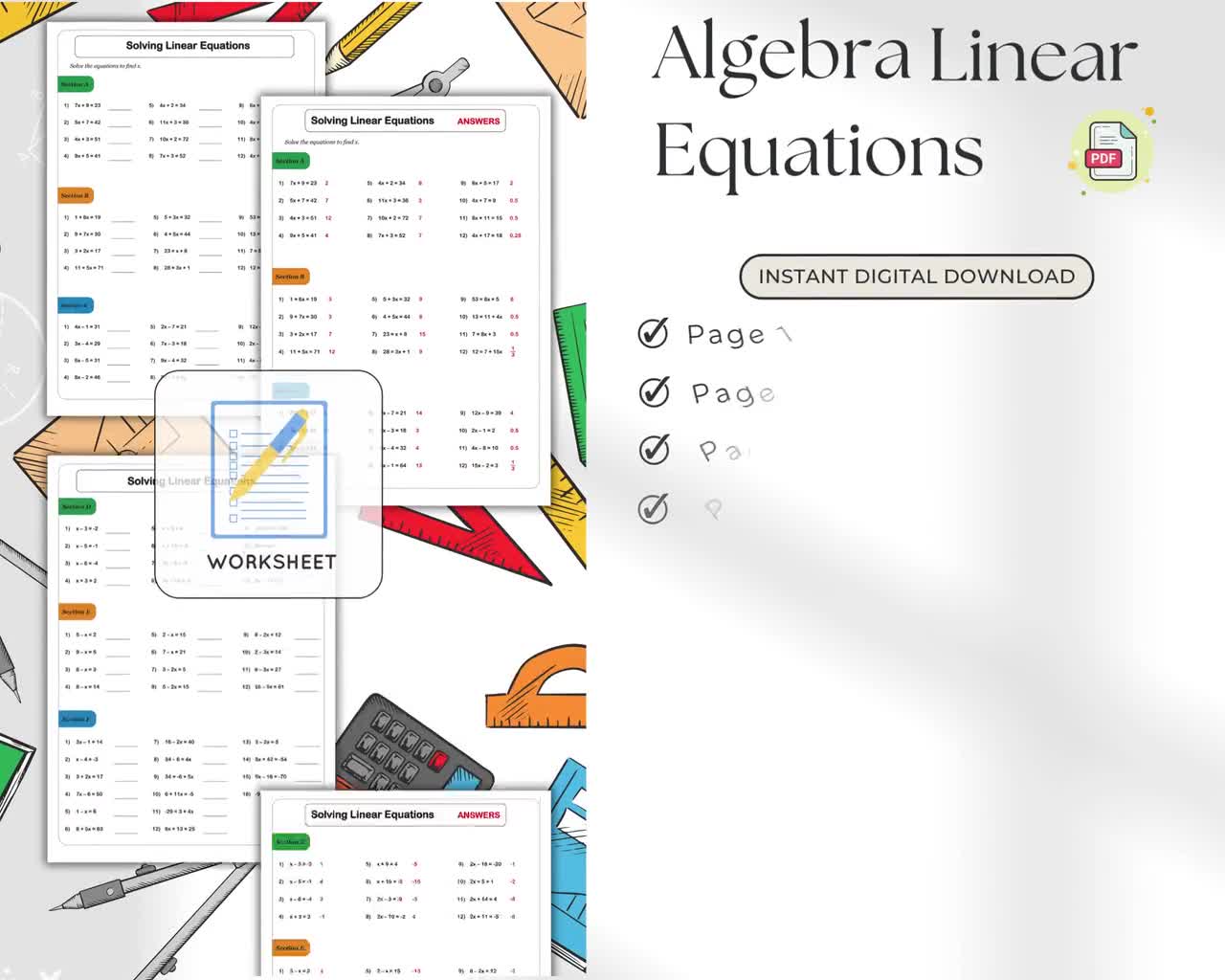 Linear Equations Printable Sheets Multi Step Equations
