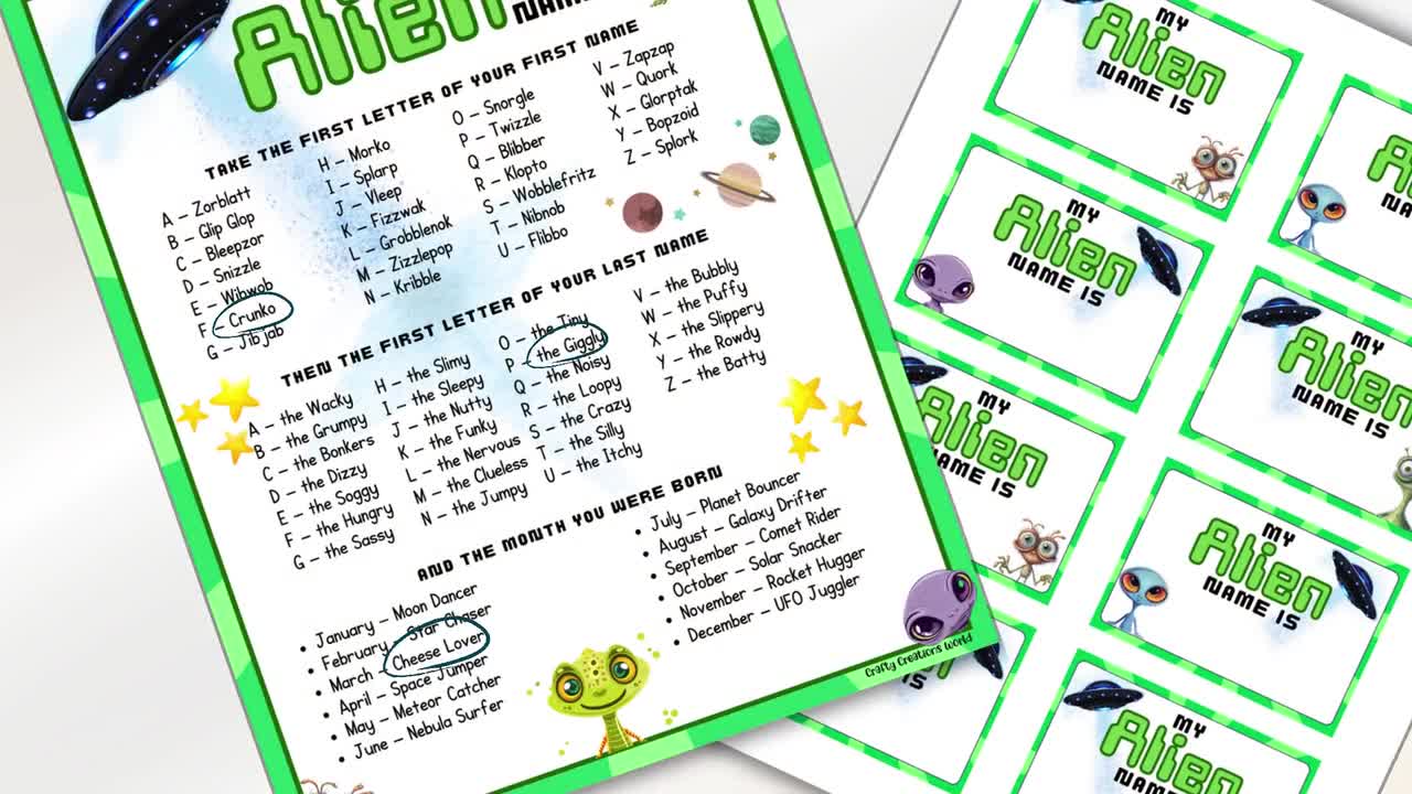 Alien Name Stickers Cidobi What Is Your Alien Name Game, Alien Birthday ...