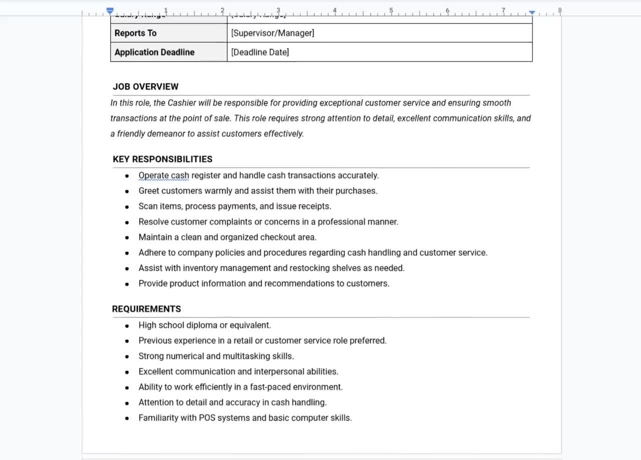 Retail Cashier Job Description