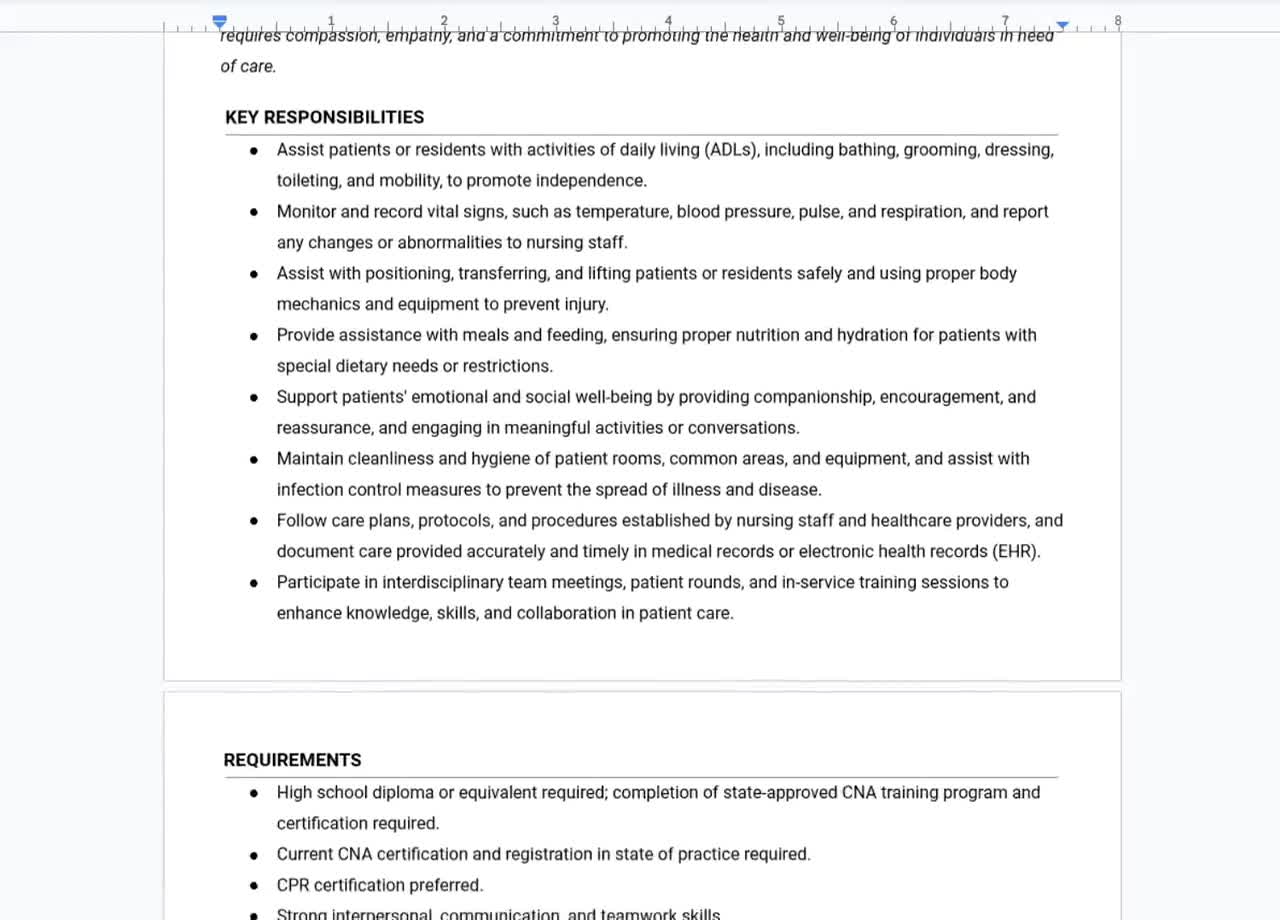 Nursing Assistant Job Description Certified Nursing Assistant (CNA)