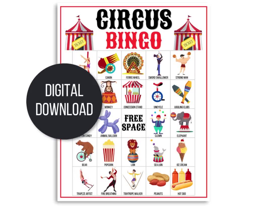 Printable Circus Bingo Cards (includes free printable bingo games ...