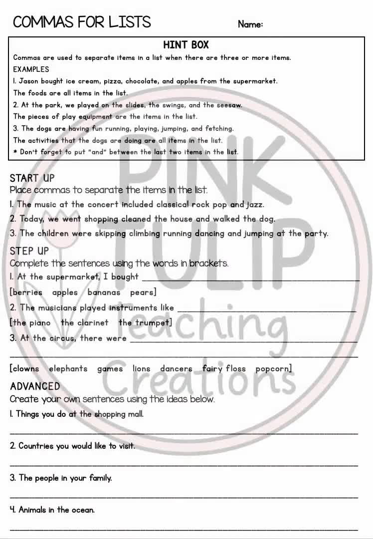 Commas Worksheet With Answers