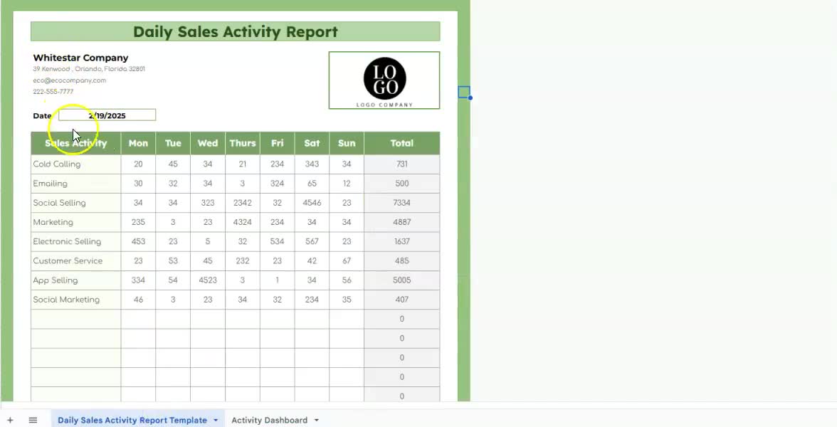 Sales Activity Report Template Excel
