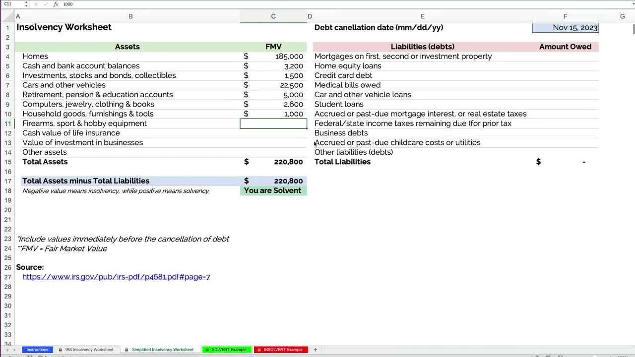 Bankruptcy Worksheet Excel