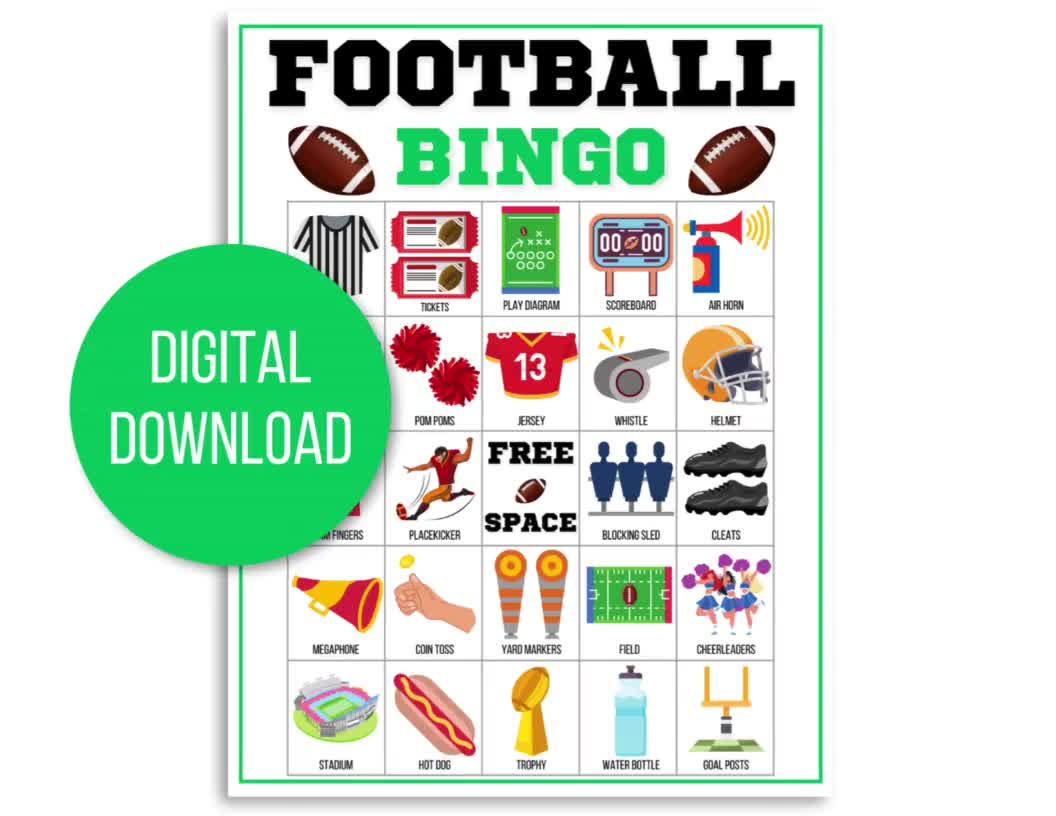 Football Bingo, 50 Unique Printable Football Bingo Cards, Football