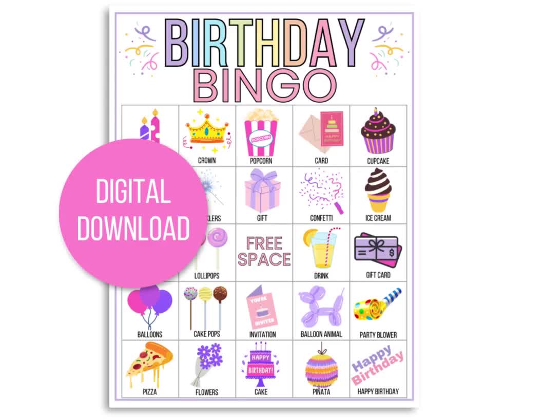 Birthday Bingo, Kids Activity, Printable, Bingo Cards, Birthday Digital ...