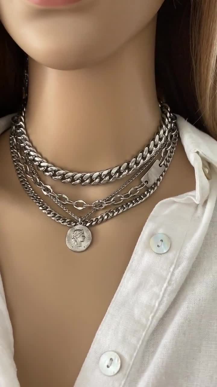 Chunky Multi Layer Necklace for Women in Stainless Steel Curb Chain and Coin Pendant Chunky Statement Necklace Hypoallergenic Non Tarnish Etsy