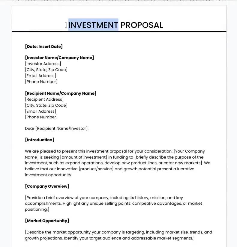 Investor Business Proposal Template