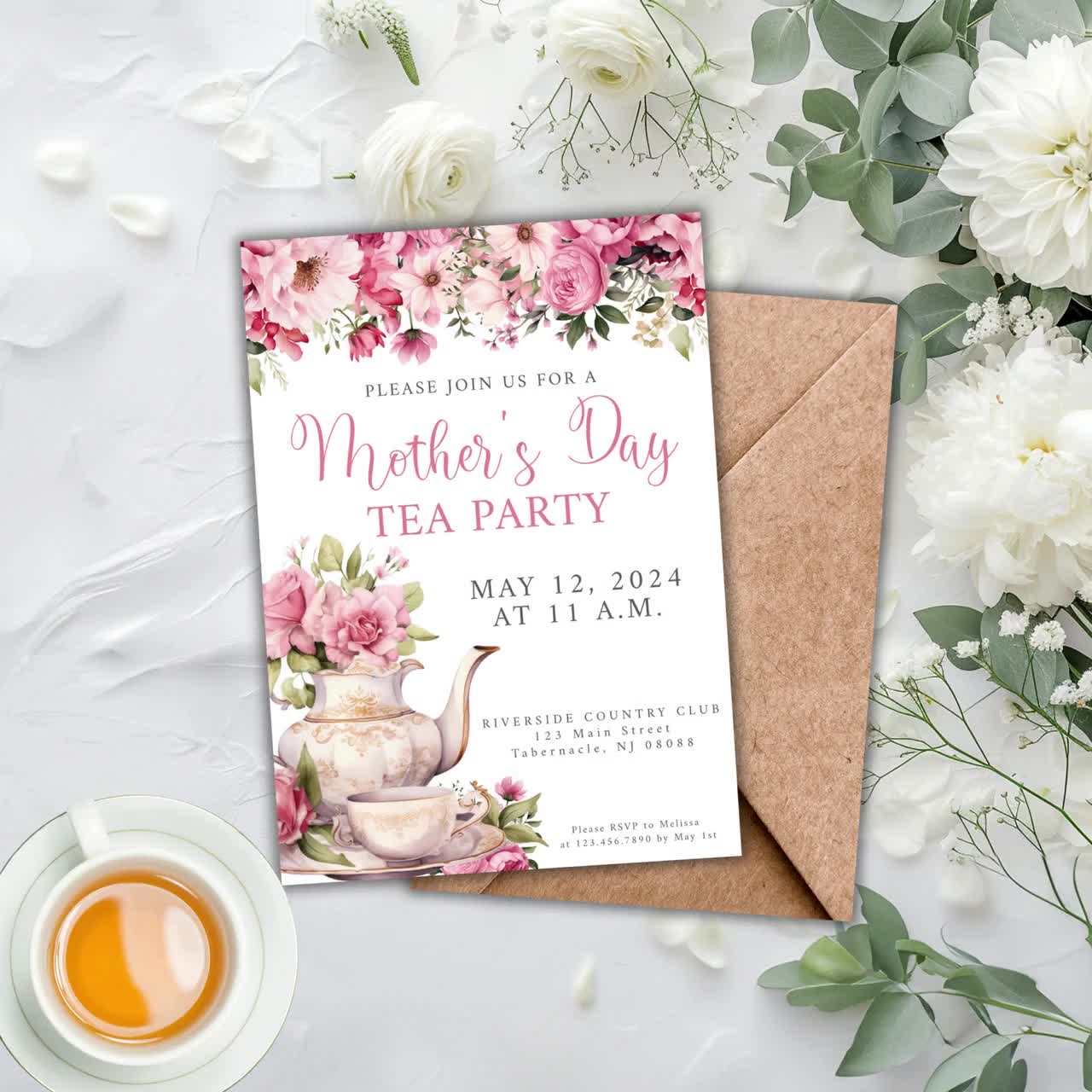 Mothers Day Tea Invitation Template Mother's Day Brunch Tea Invitation