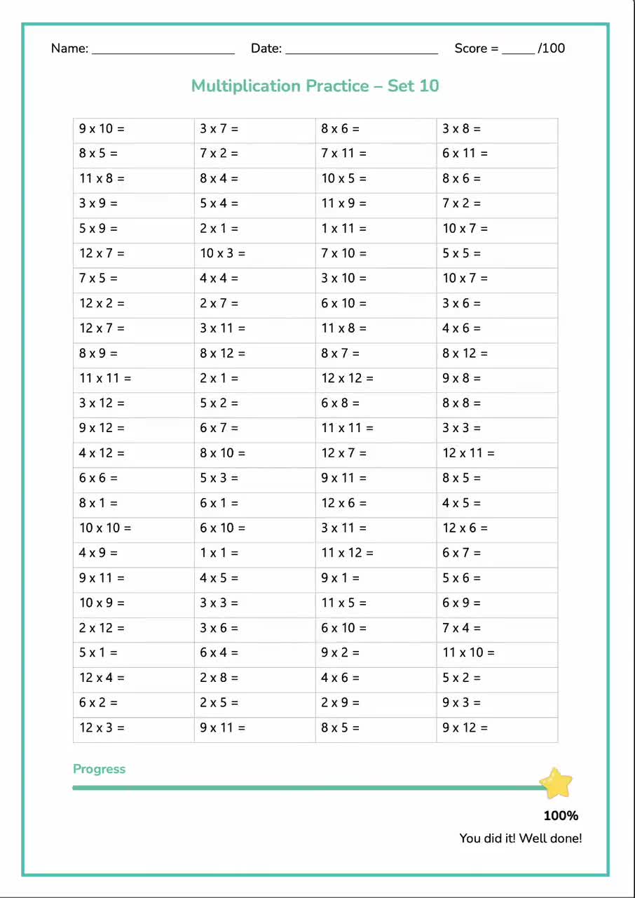 Multiplication Drill Worksheets 7 X Multiplication Facts