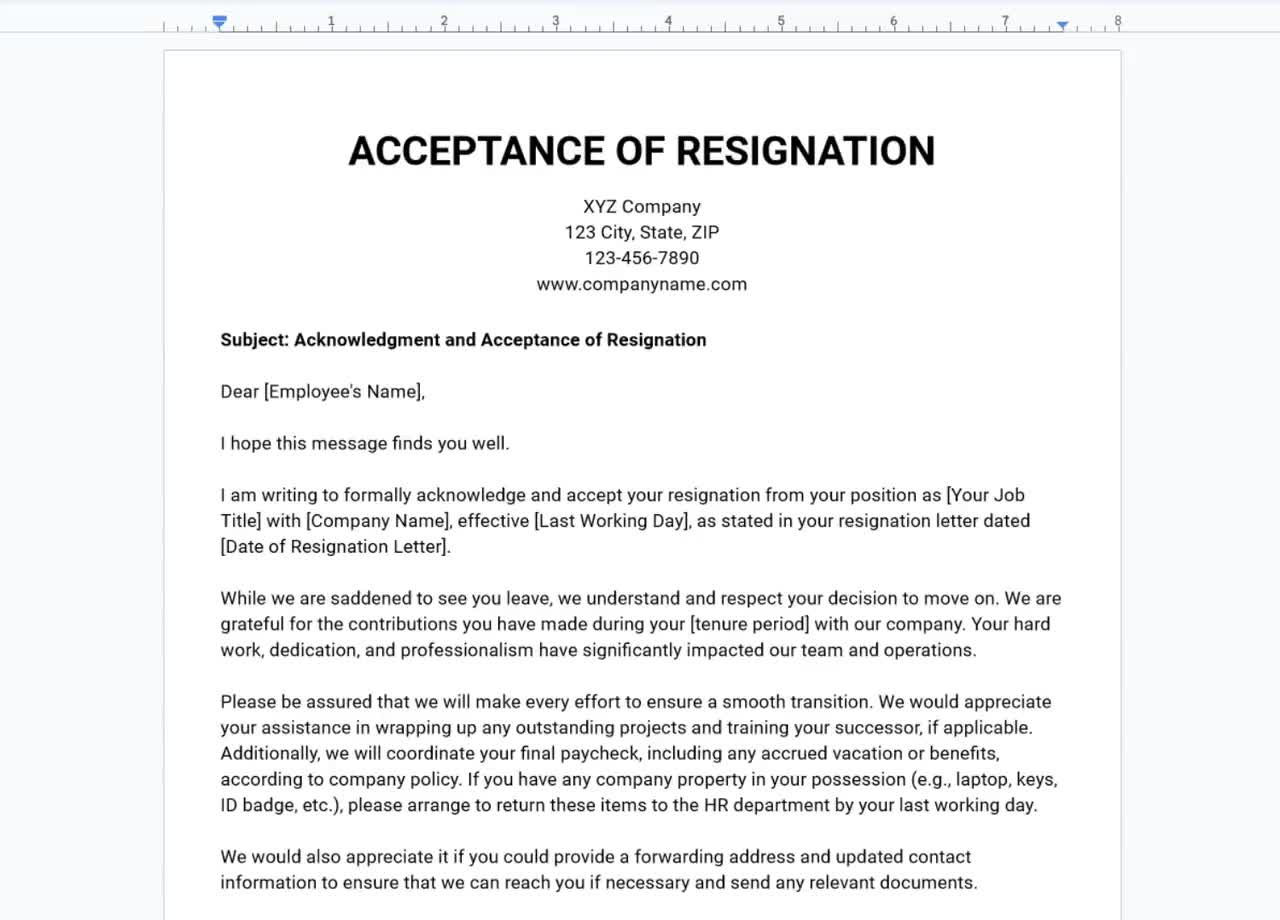Acknowledgement Of Resignation Letter Template