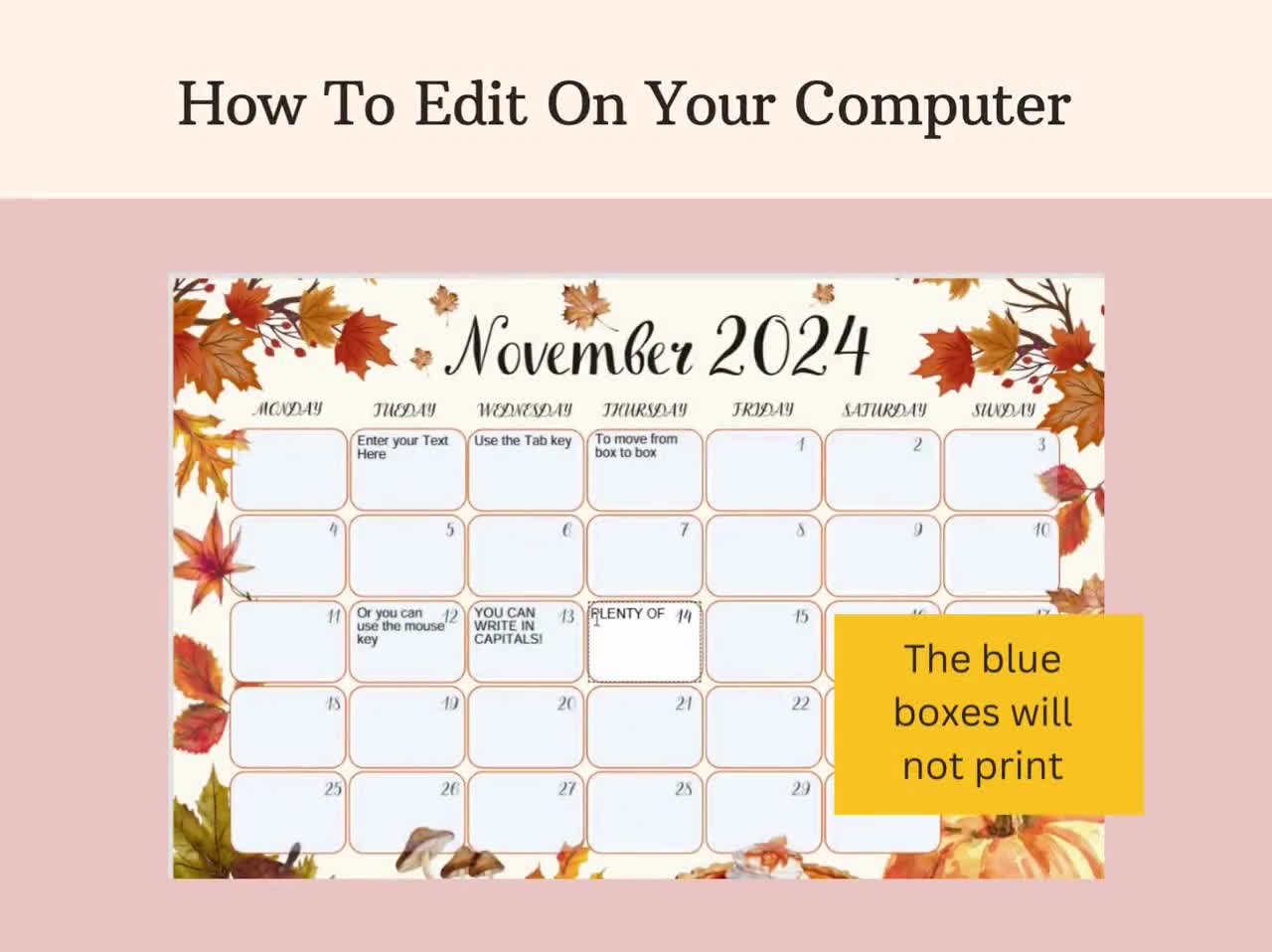 Farbenfroher Kalender Für November 2024 September Oktober November