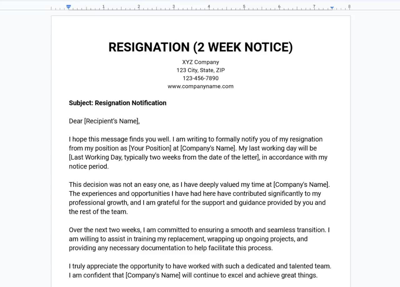 Resignation Letter Two Weeks Resignation 2 Week Notice Letter
