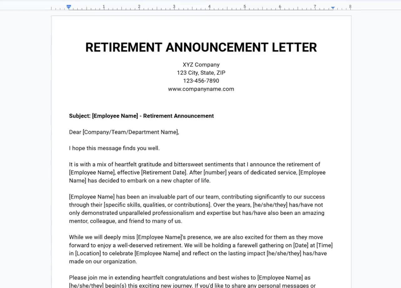 Retirement Announcement Letter Template