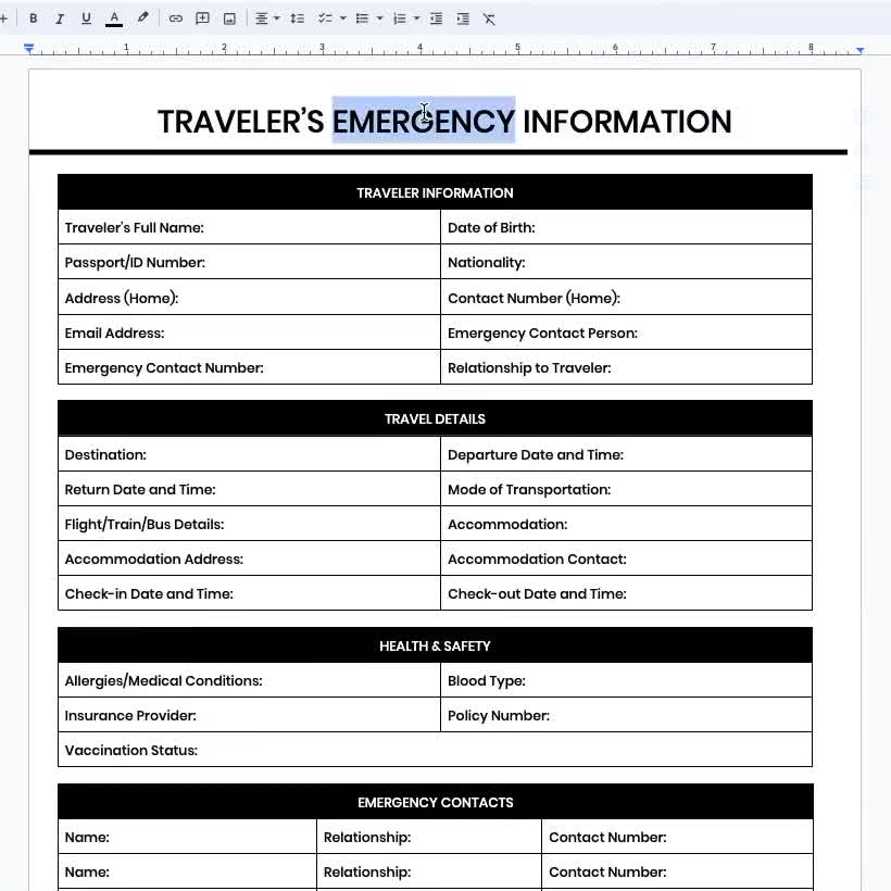 Travelers Contact Sheet