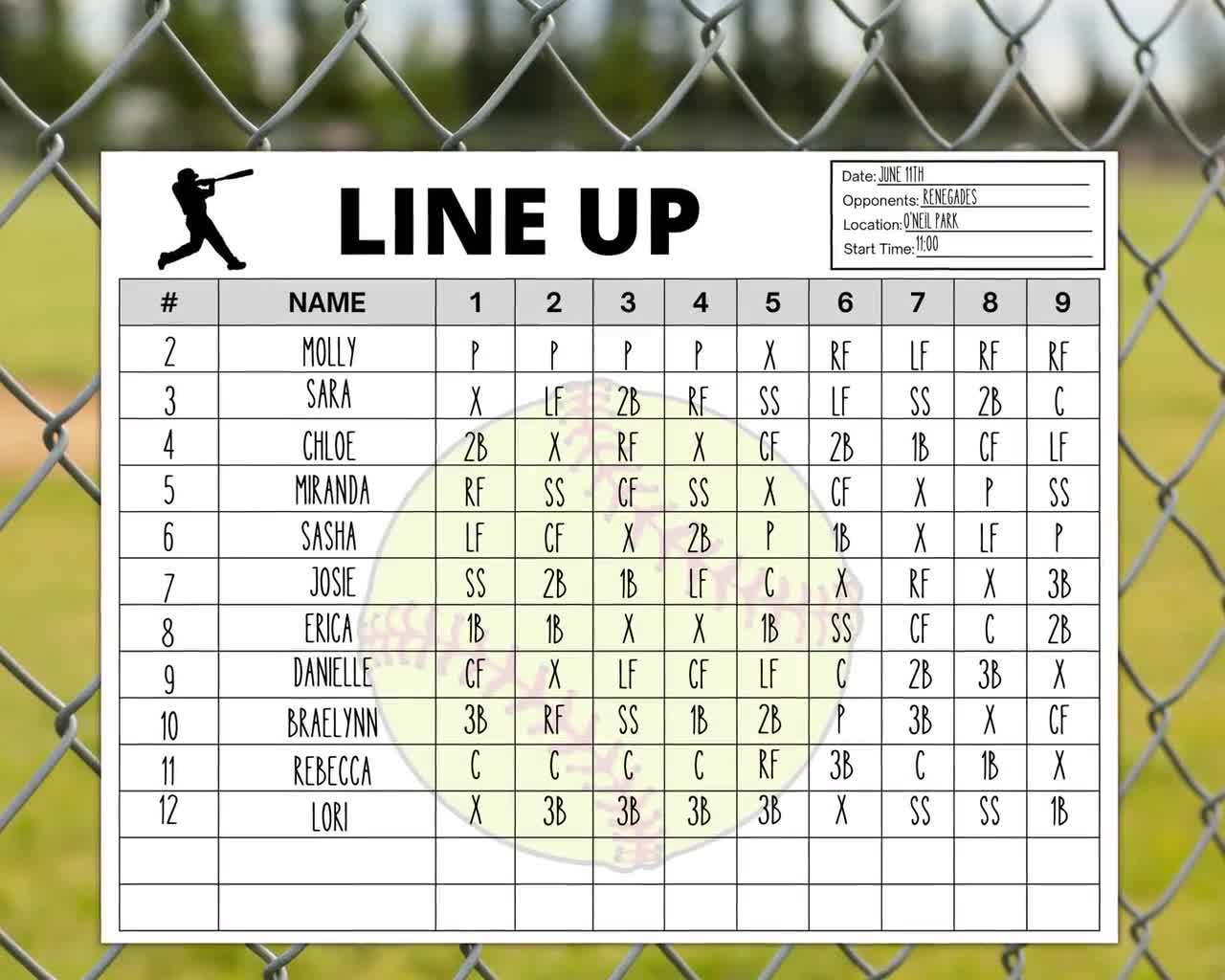 Softball Batting Lineup Template