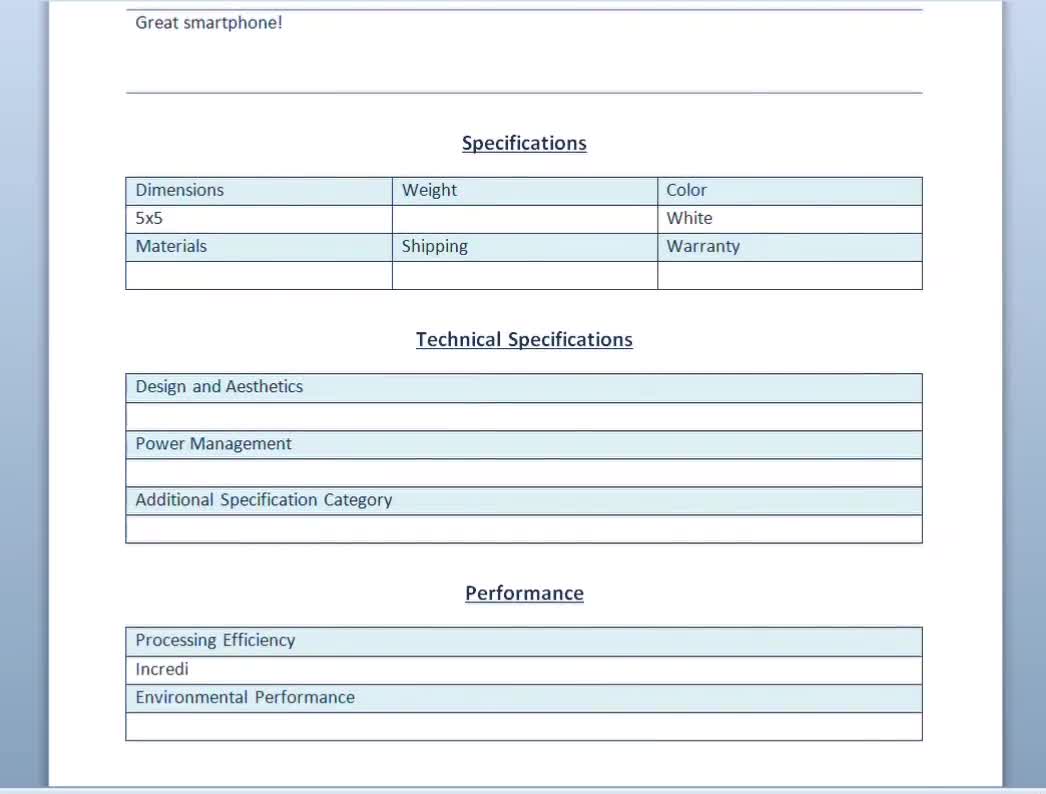 Print Specification Sheet Template