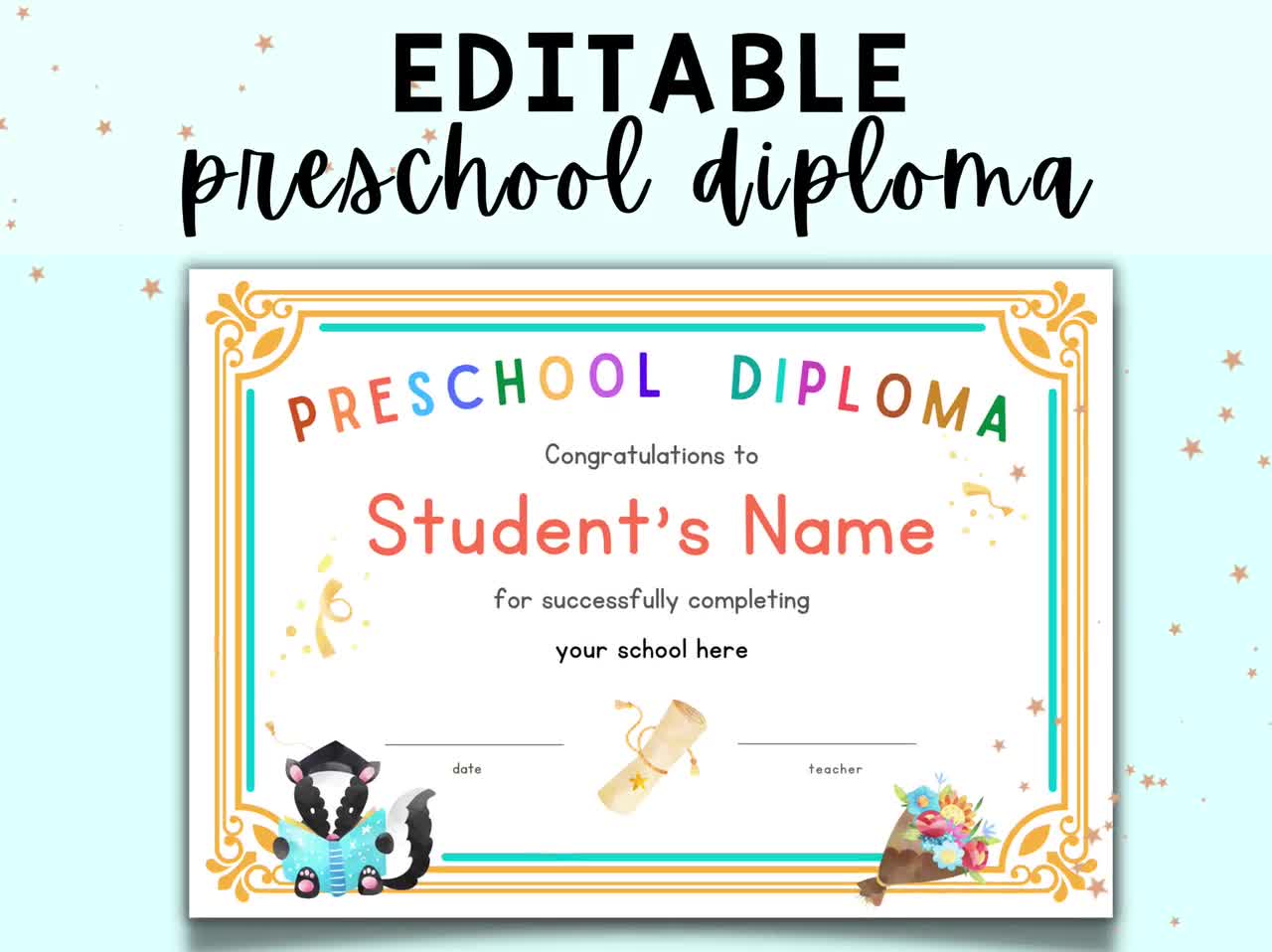 Preschool Graduation Diploma With Photo Editable Template 40 OFF