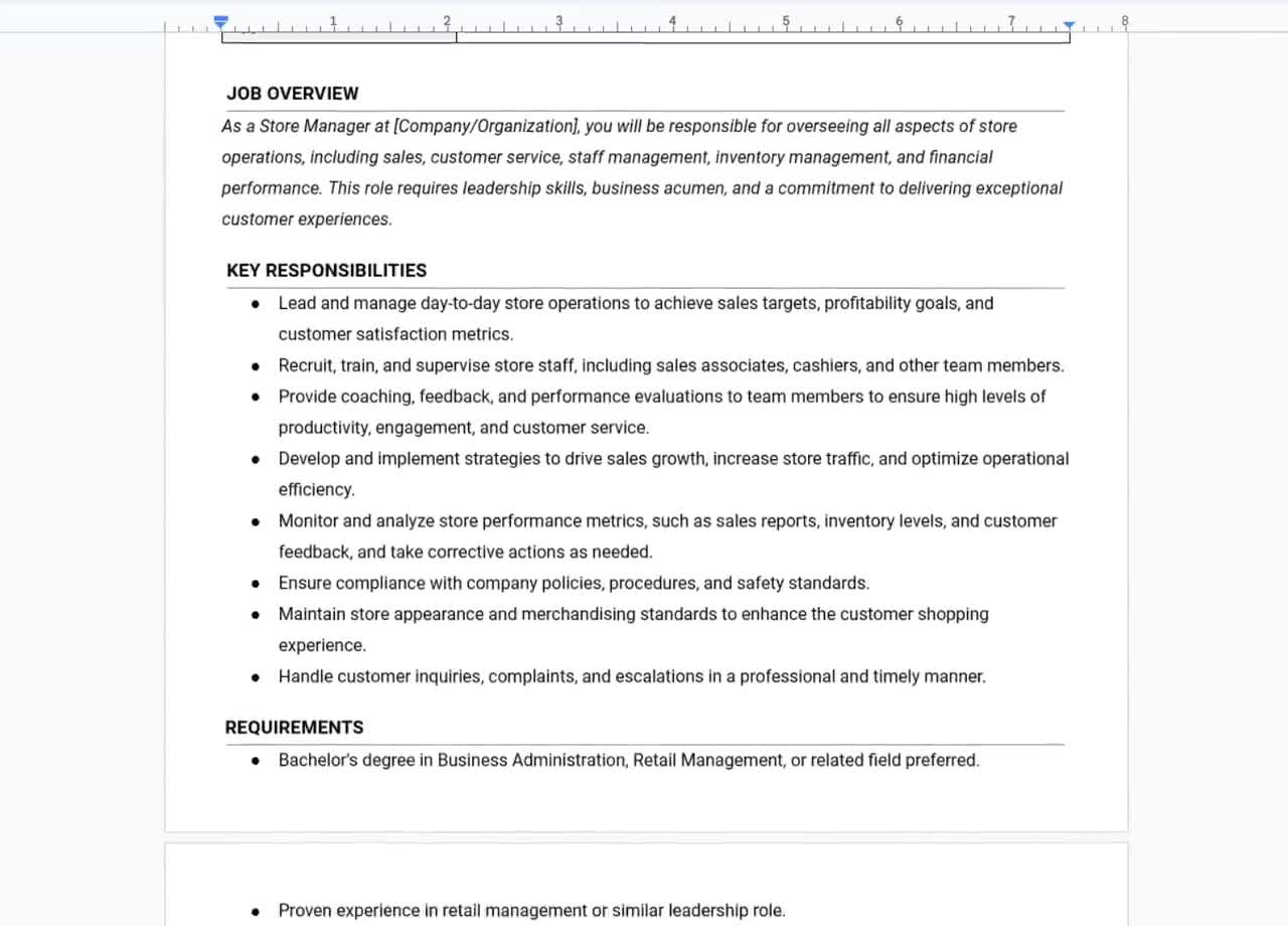 Retail Store Manager Job Description