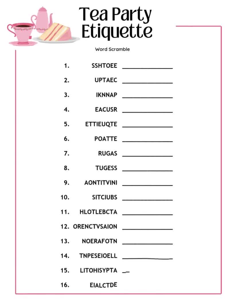 Tea Party Word Scramble Word Scramble Bridal Shower Game Template, Tea