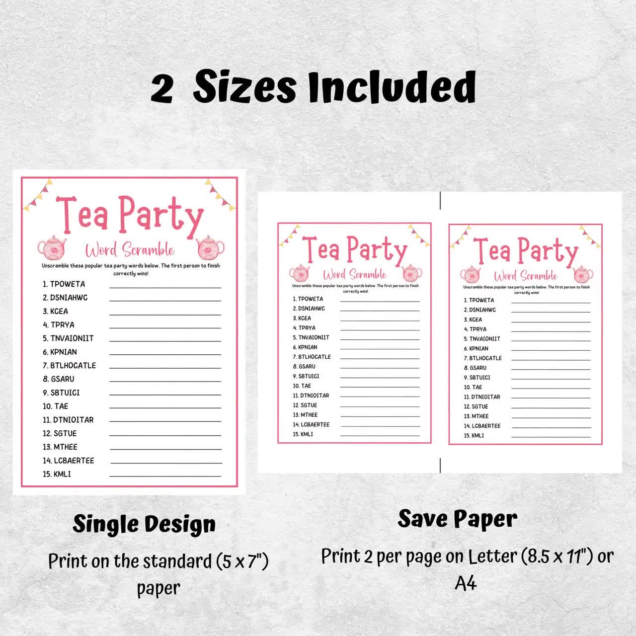 Tea Party Word Scramble Word Scramble Bridal Shower Game Template, Tea