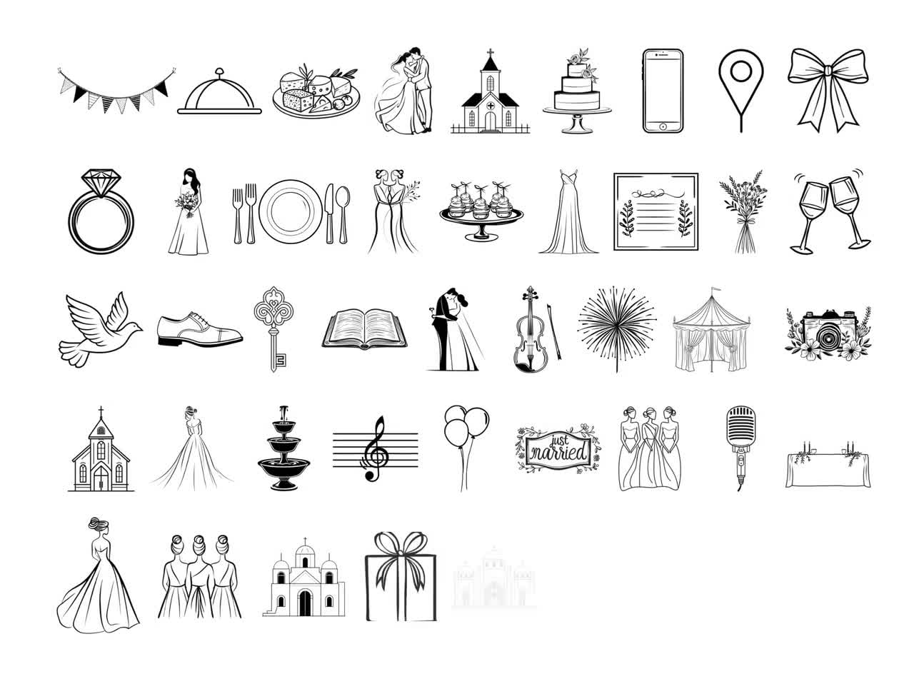 Black And White Wedding Symbols Modern Thin Line Wedding Vector Icons.