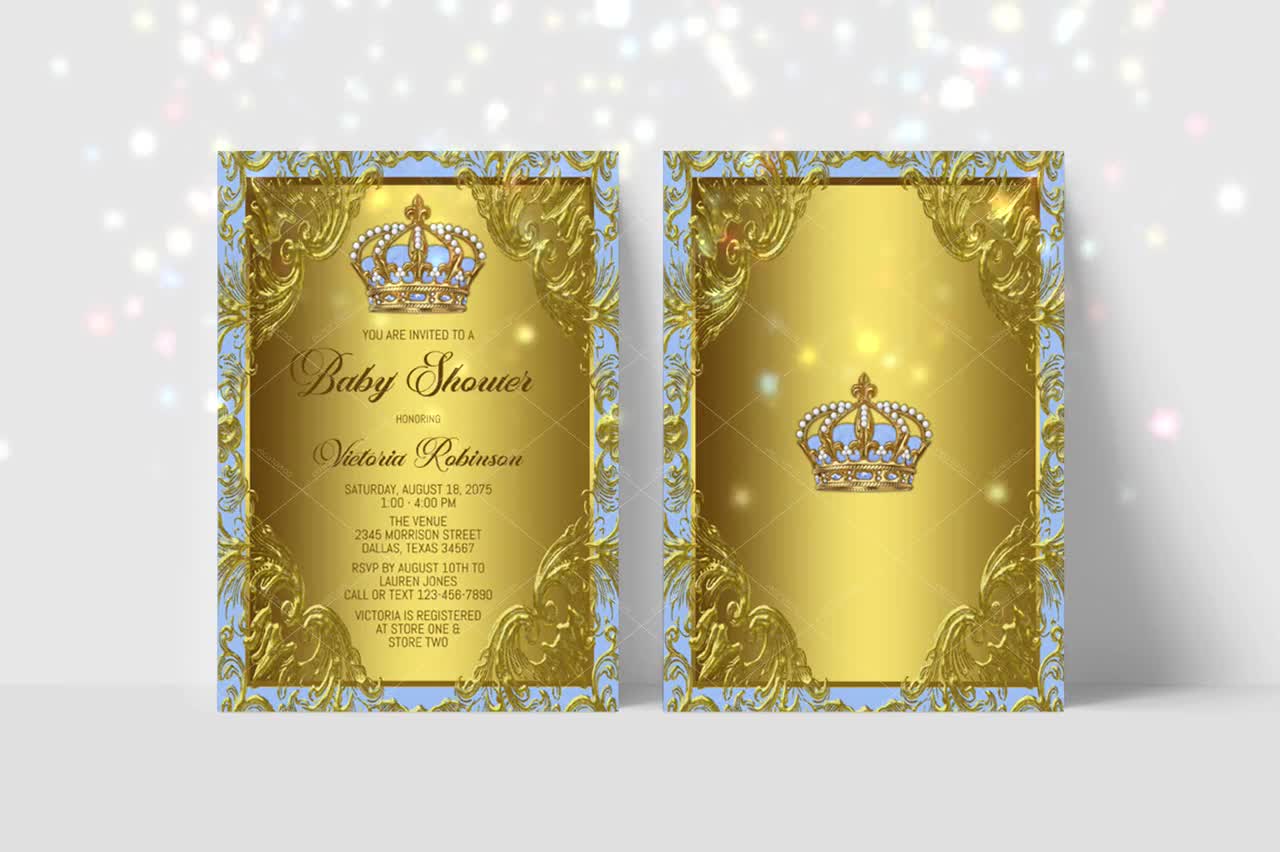 Invitaciones Para Baby Shower En Azul Real Y Dorado Invitación