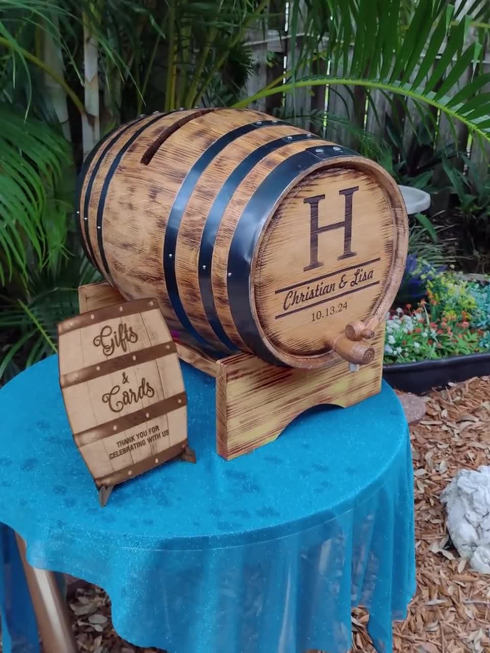Whiskey barrel wedding sign | Honestweddingadvice.com