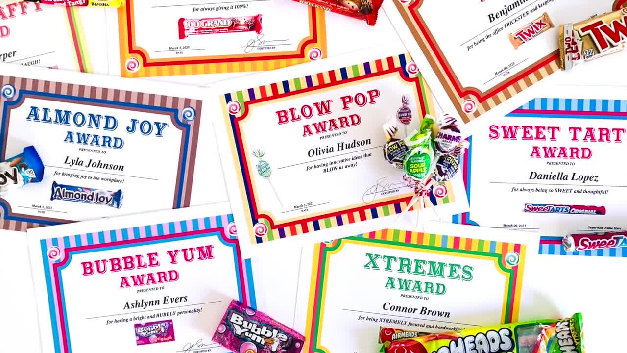 PRINTABLE Employee Candy Bar Award Certificates EDITABLE, 59% OFF