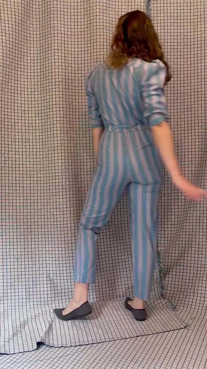 Vintage 80s Gray & Turquoise Blue Stripe Puff Sleeve Jump Vintage 80s Gray & Turquoise Blue Stripe Puff Sleeve Jump