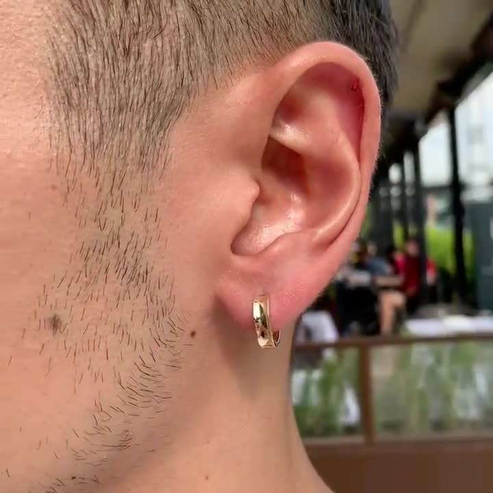 Men s Solid Gold Hoop Earring 14K Yellow Gold Mini Huggie Earrings Bold Hoop Earrings for Men Dainty Curve Hoops Men Jewelry