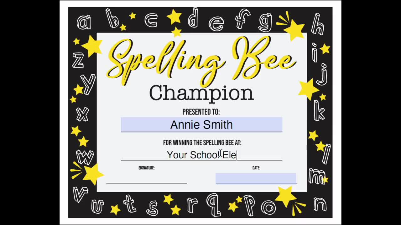 Spelling Bee Winner Certificate