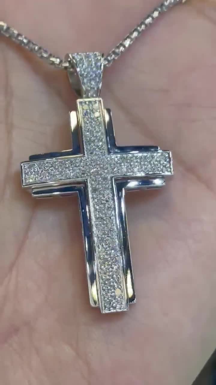 Mens Diamond Cross Pendant Mens Cross Necklace Man Diamond Cross 14K White Gold Diamond Cross Necklace 1.36 Carats Natural Diamonds