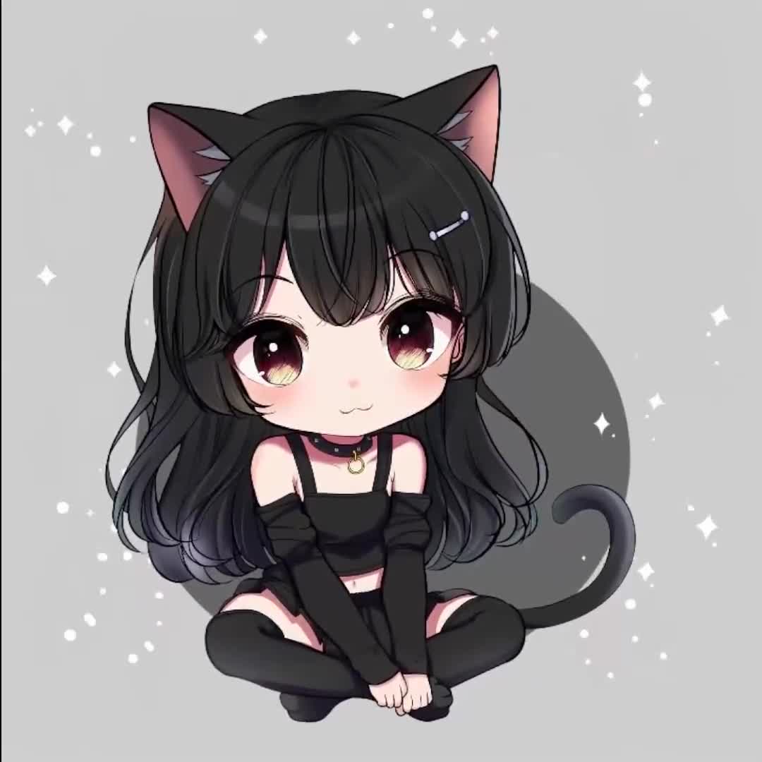 Chibi Cat Girl Base Shy Chibi Cat Girl With Long Black Hair And Plaid