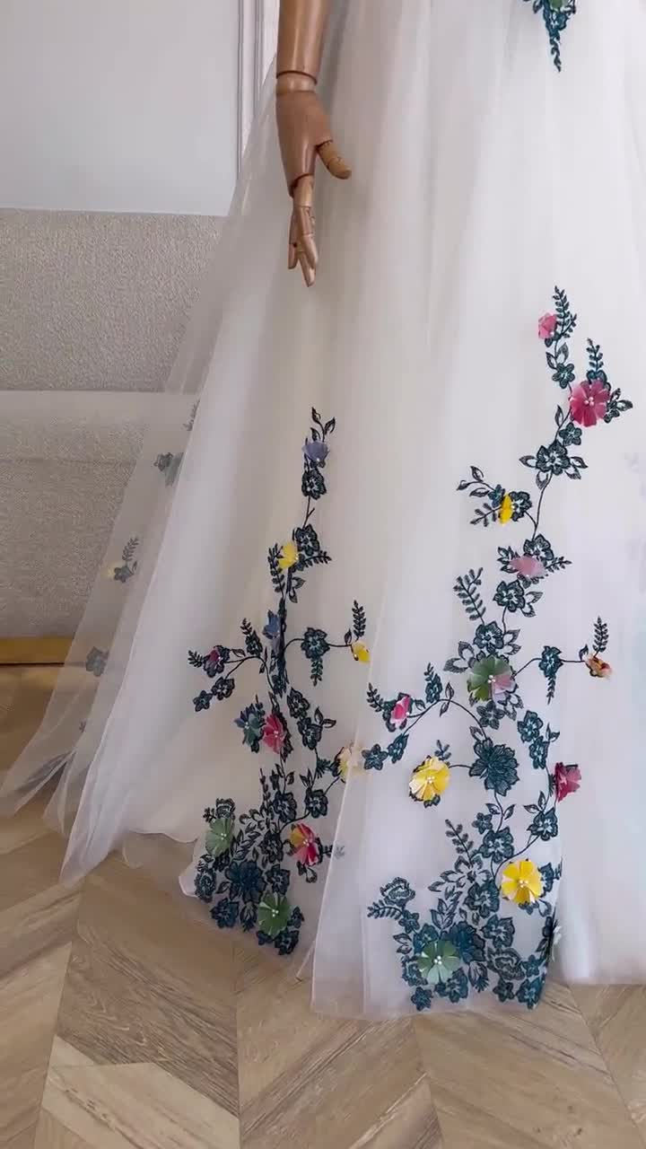 Colored Wedding Dress With Detachable Sleeves, A Line Colored Wedding Dress With Detachable Sleeves, A Line