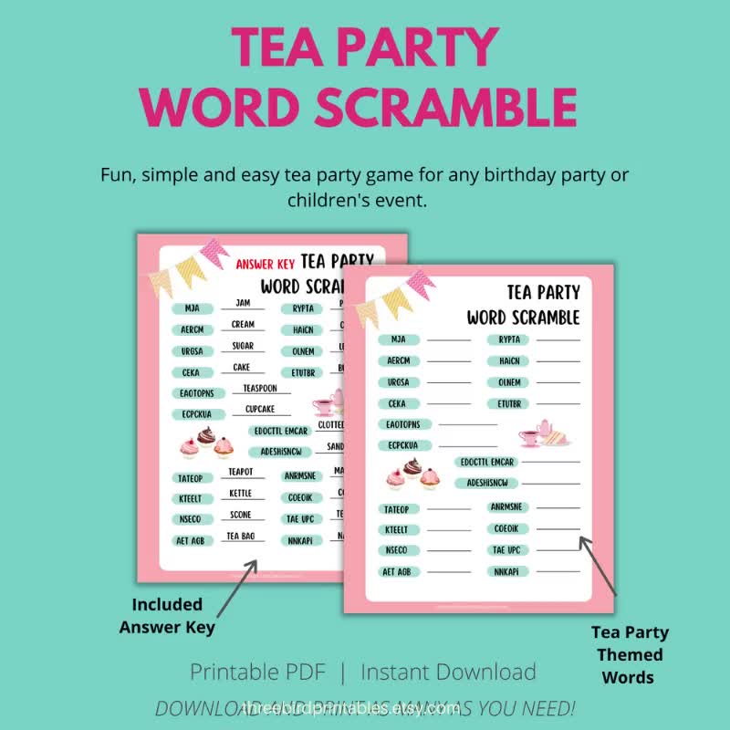 Tea Party Word Scramble Word Scramble Bridal Shower Game Template, Tea