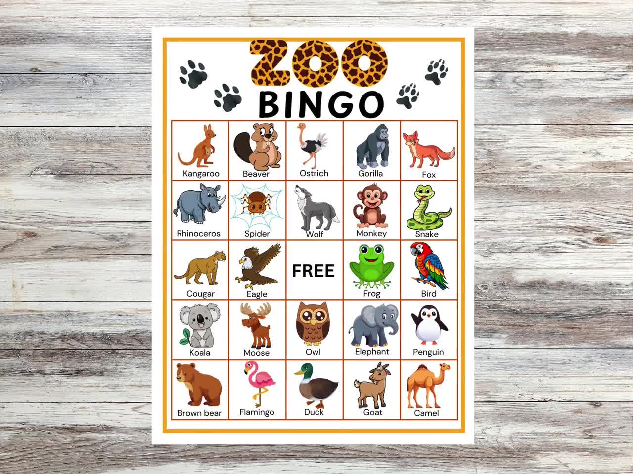 Zoo Animal Bingo Cards Printable
